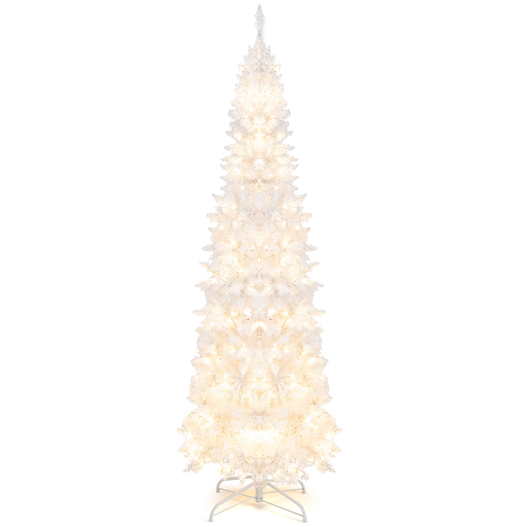 Costway - 7FT Pre-Lit Hinged Pencil Christmas Tree with 300 LED Lights ...