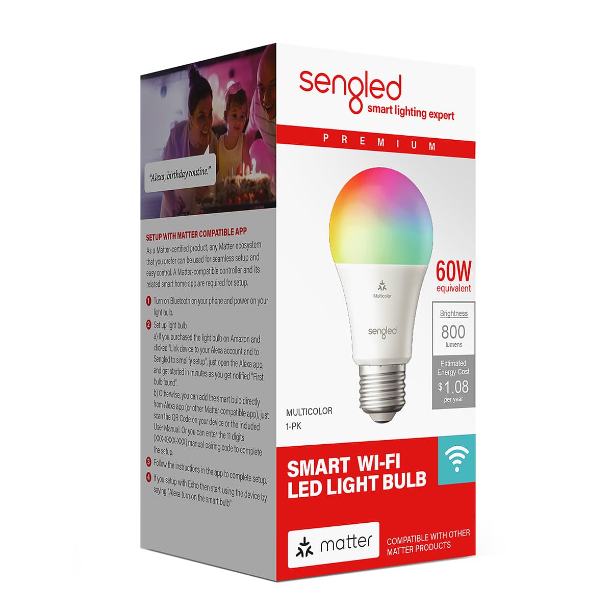 Sengled - A19 WiFi Color Matter-Enabled 60W Smart Led Bulb, Works With ...