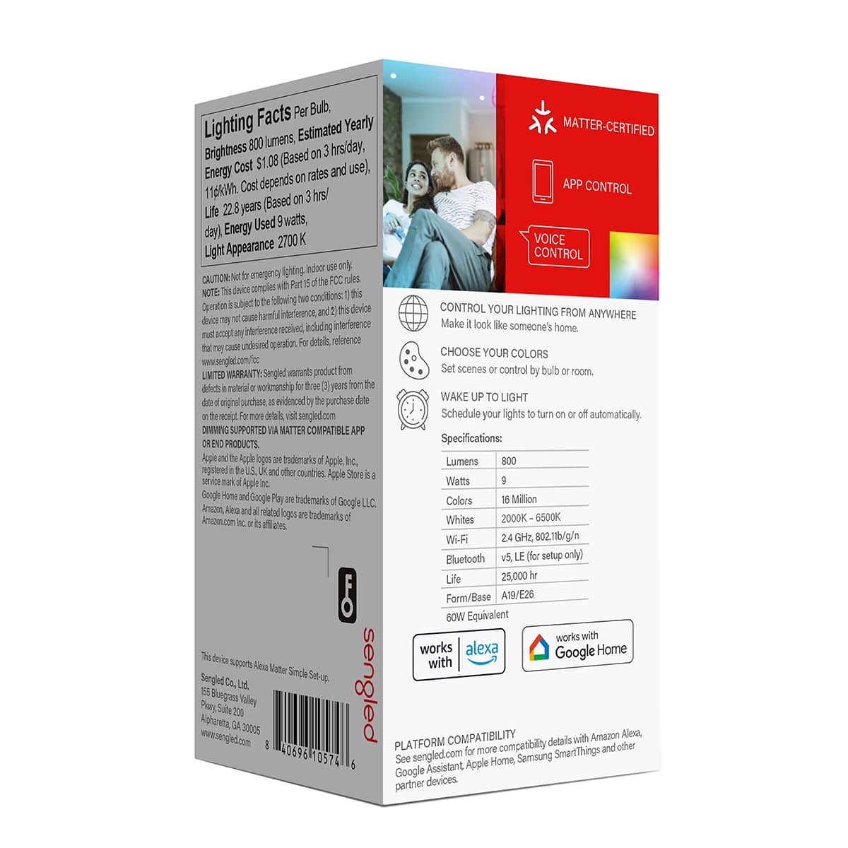 Sengled - A19 WiFi Color Matter-Enabled 60W Smart Led Bulb, Works With ...